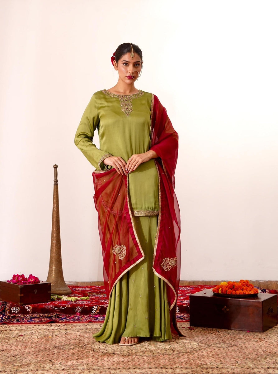 Mehendi Green Lehenga Set with Rich Maroon Embroidered Dupatta – Anam Cara